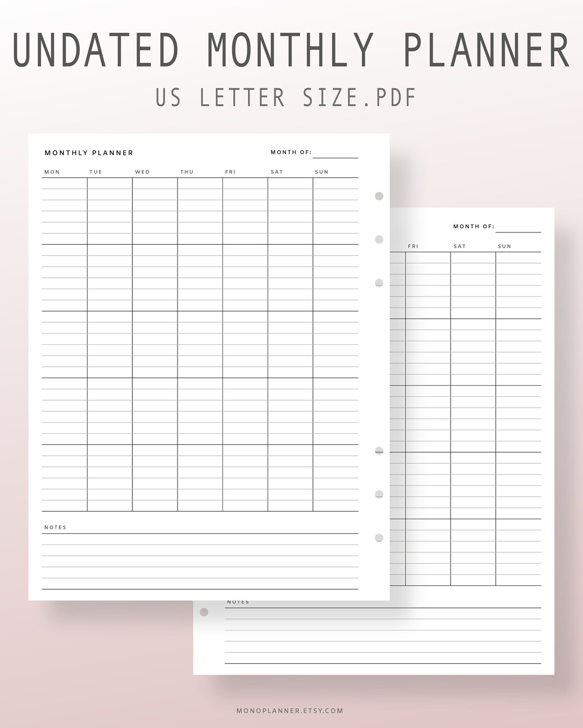 US Letter Monthly Planner Undated Printable PDF Month on | Etsy