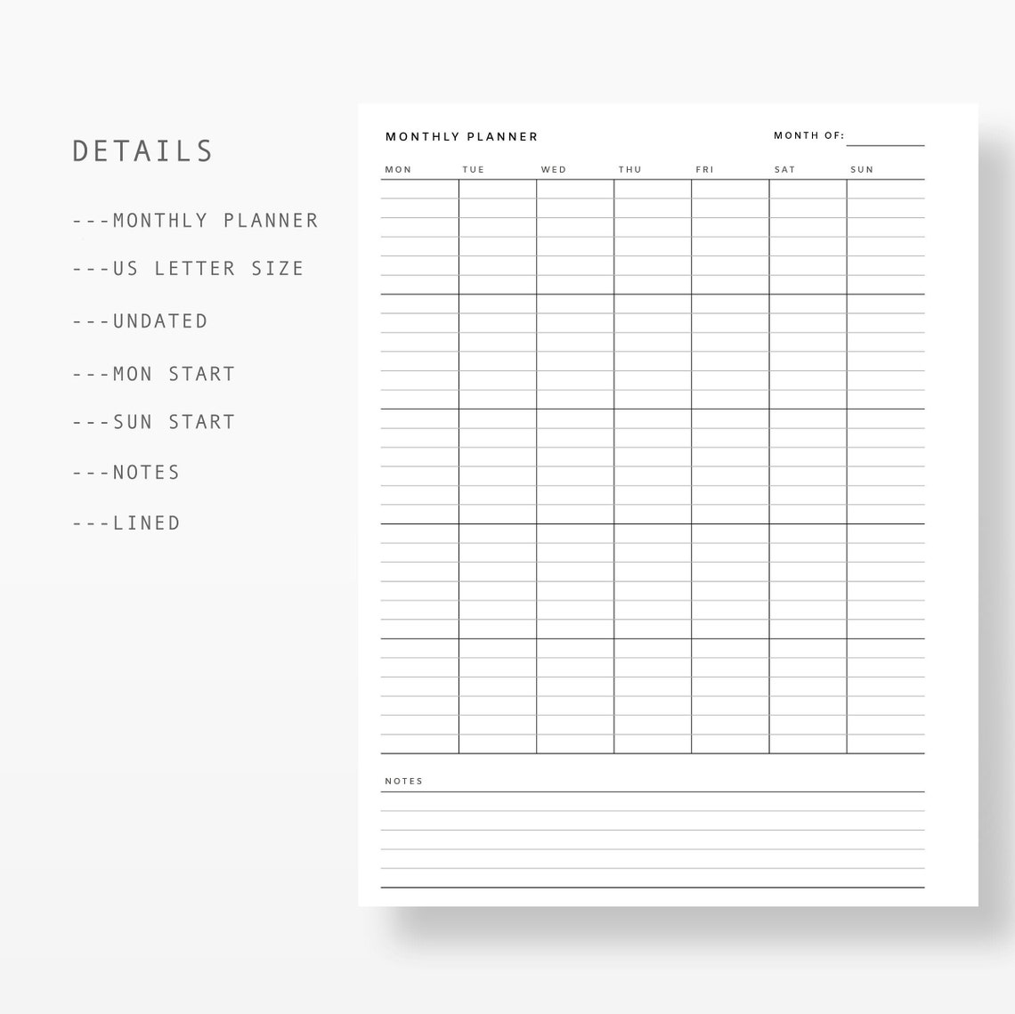 US Letter Monthly Planner Undated Printable PDF Month on - Etsy UK