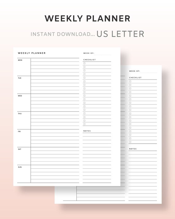 US Letter Undated Weekly Planner Week on One Page Printable | Etsy