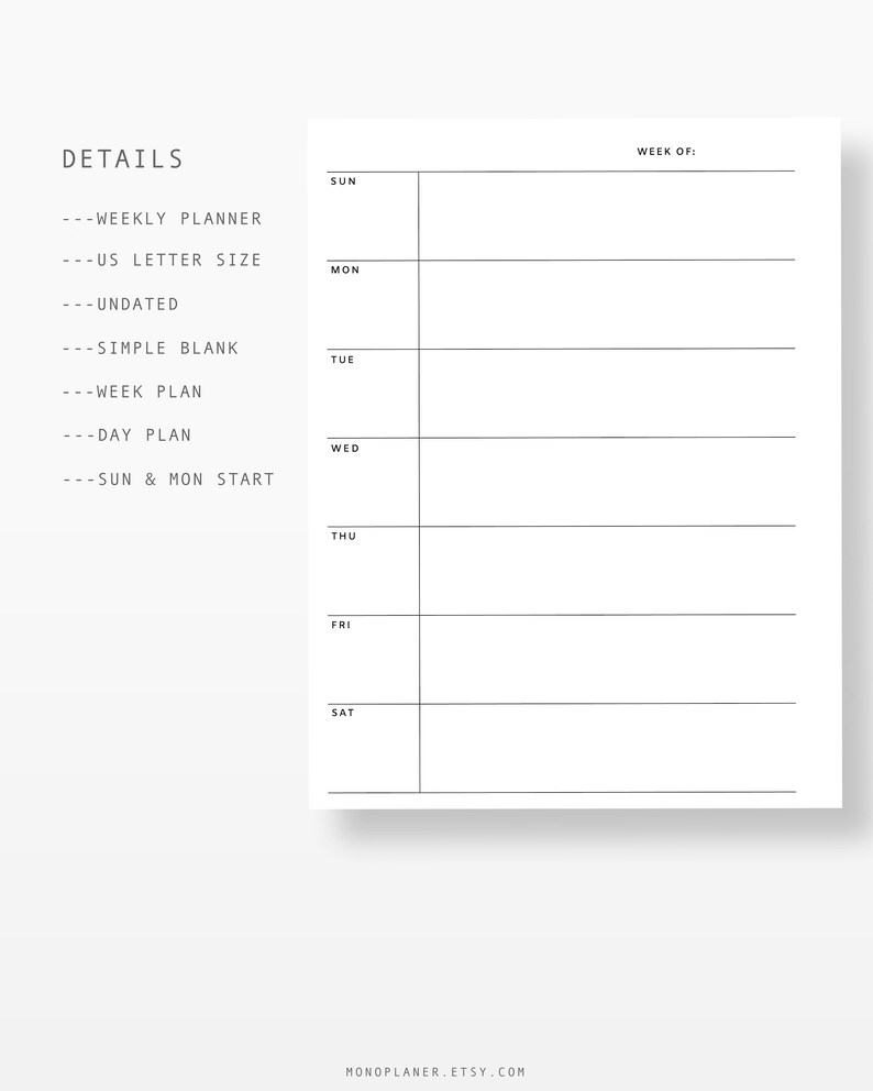 US Letter Weekly Printable Planner Undated Weekly Planner PDF Inserts ...
