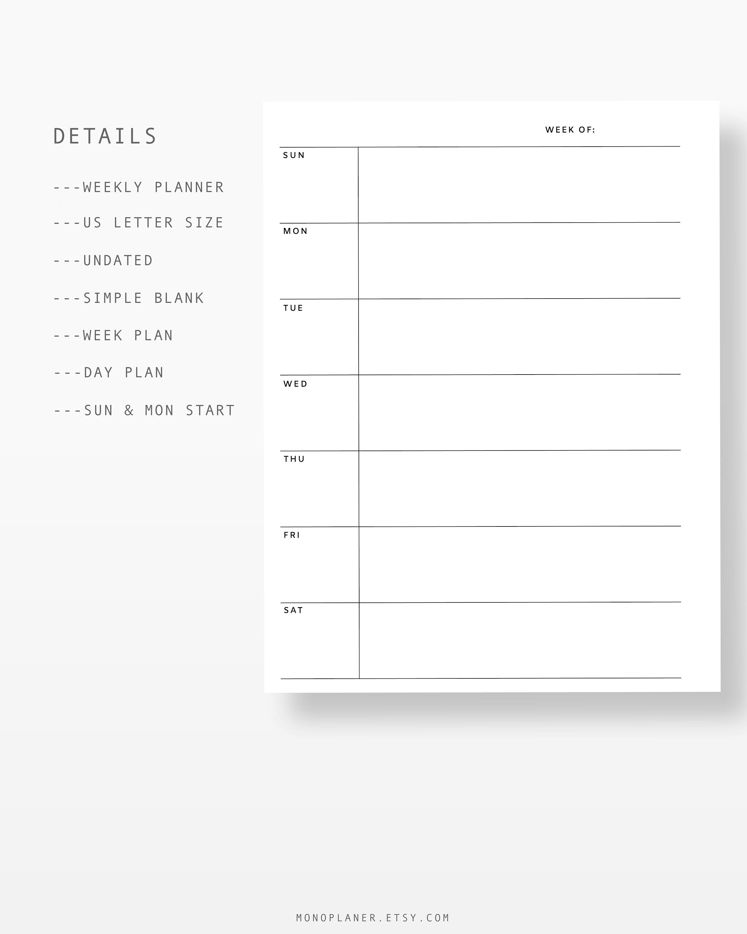 US Letter Weekly Printable Planner Undated Weekly Planner PDF Inserts ...