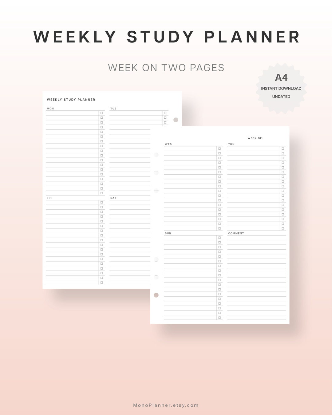 A4 Weekly Study Planner Student Planner Printable Student Undated ...