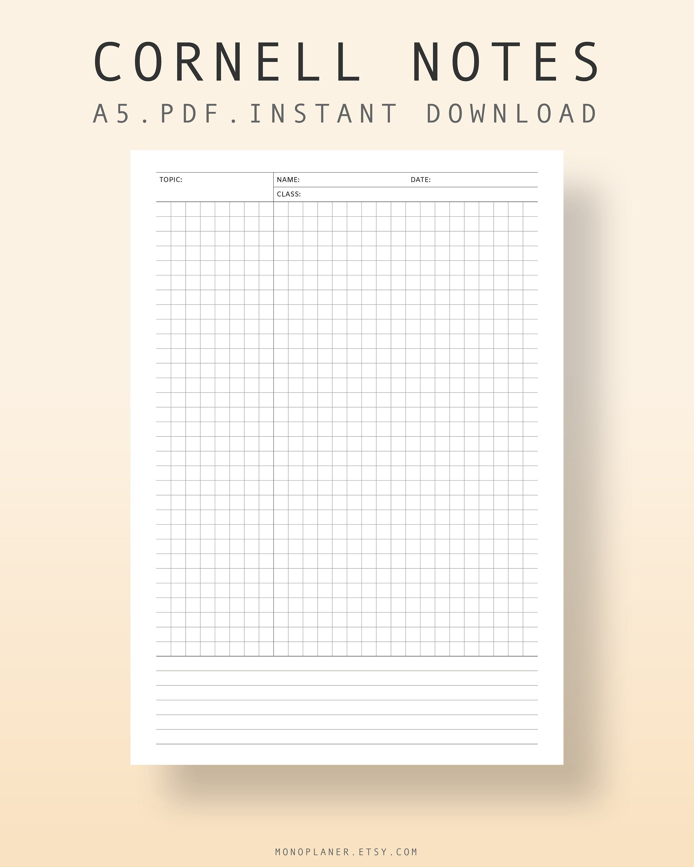 A5 Cornell Nota con graph paper PDF insertos / Estudiante | Etsy