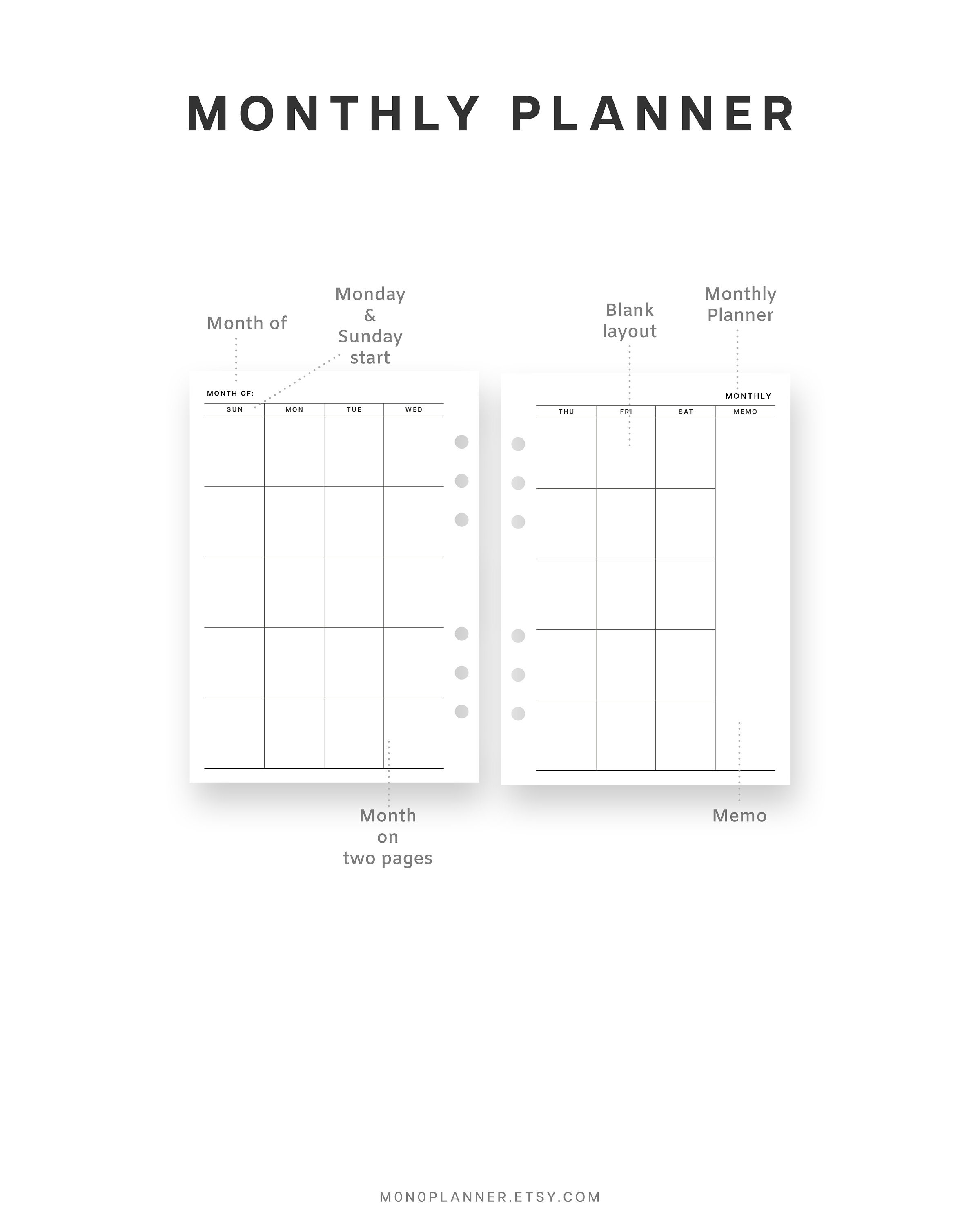 Pocket Size Monthly Undated Printable Planner Month on Two Pages ...