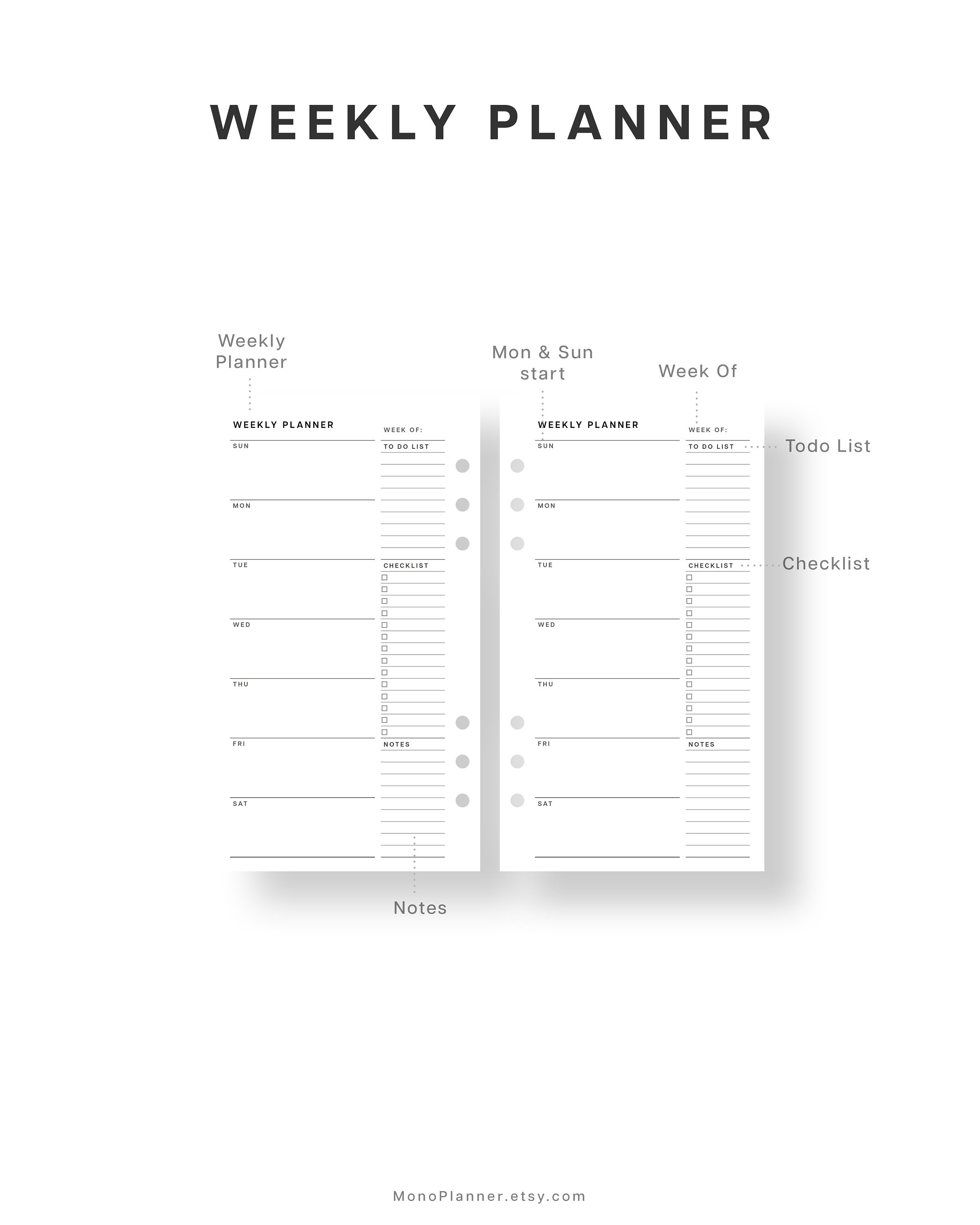 Personal Undated Weekly Printable Planner, Week on One Page Weekly ...