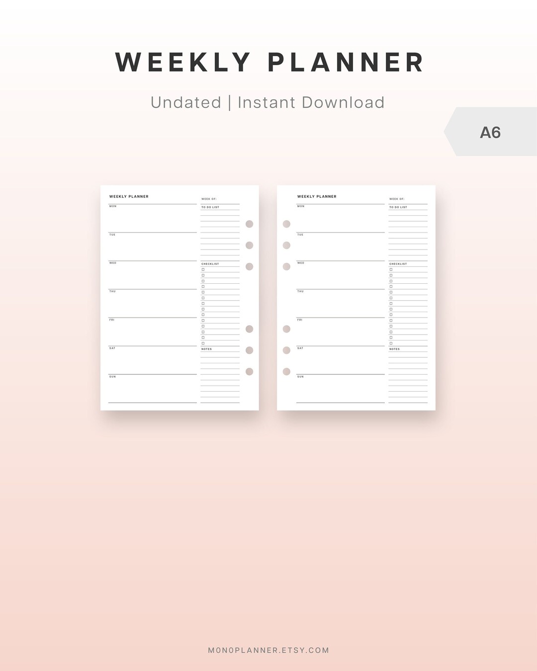 A6 Undated Weekly Printable Planner PDF Week on One Page Weekly Agenda ...