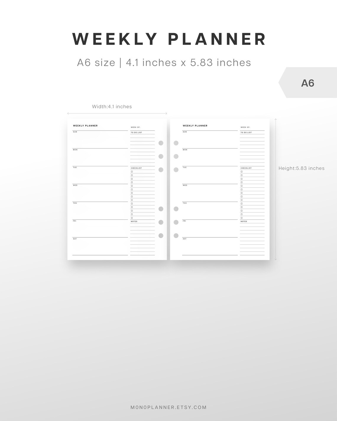 A6 Undated Weekly Printable Planner PDF Week on One Page Weekly Agenda ...