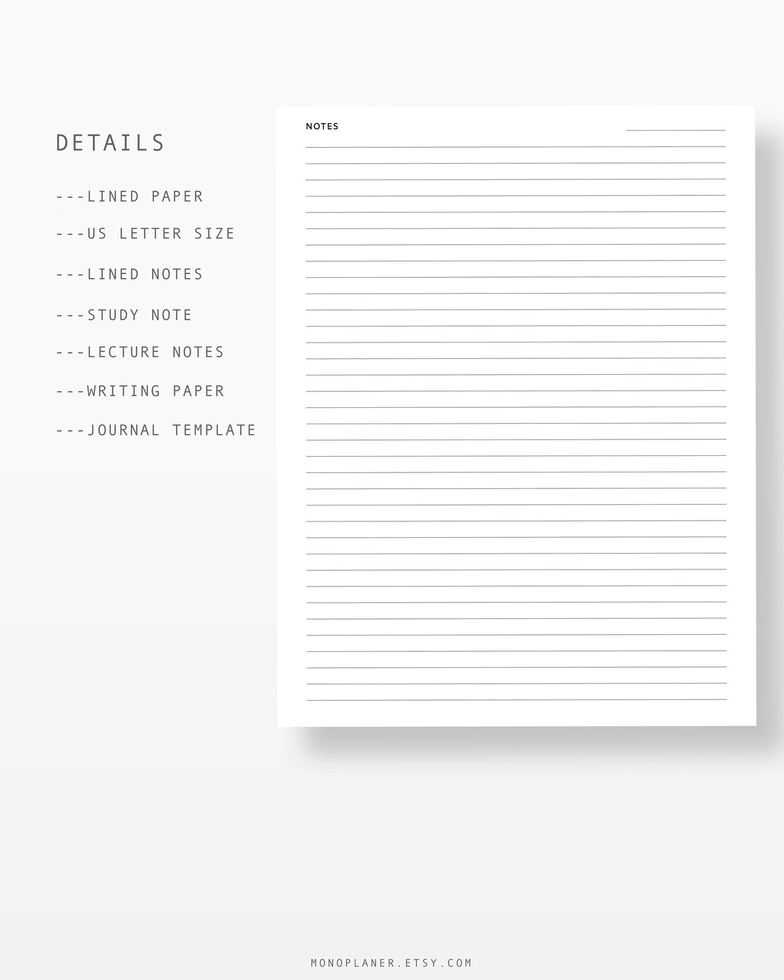 US Letter Lined Paper Study Notes Printable Letter Refillable Planner ...