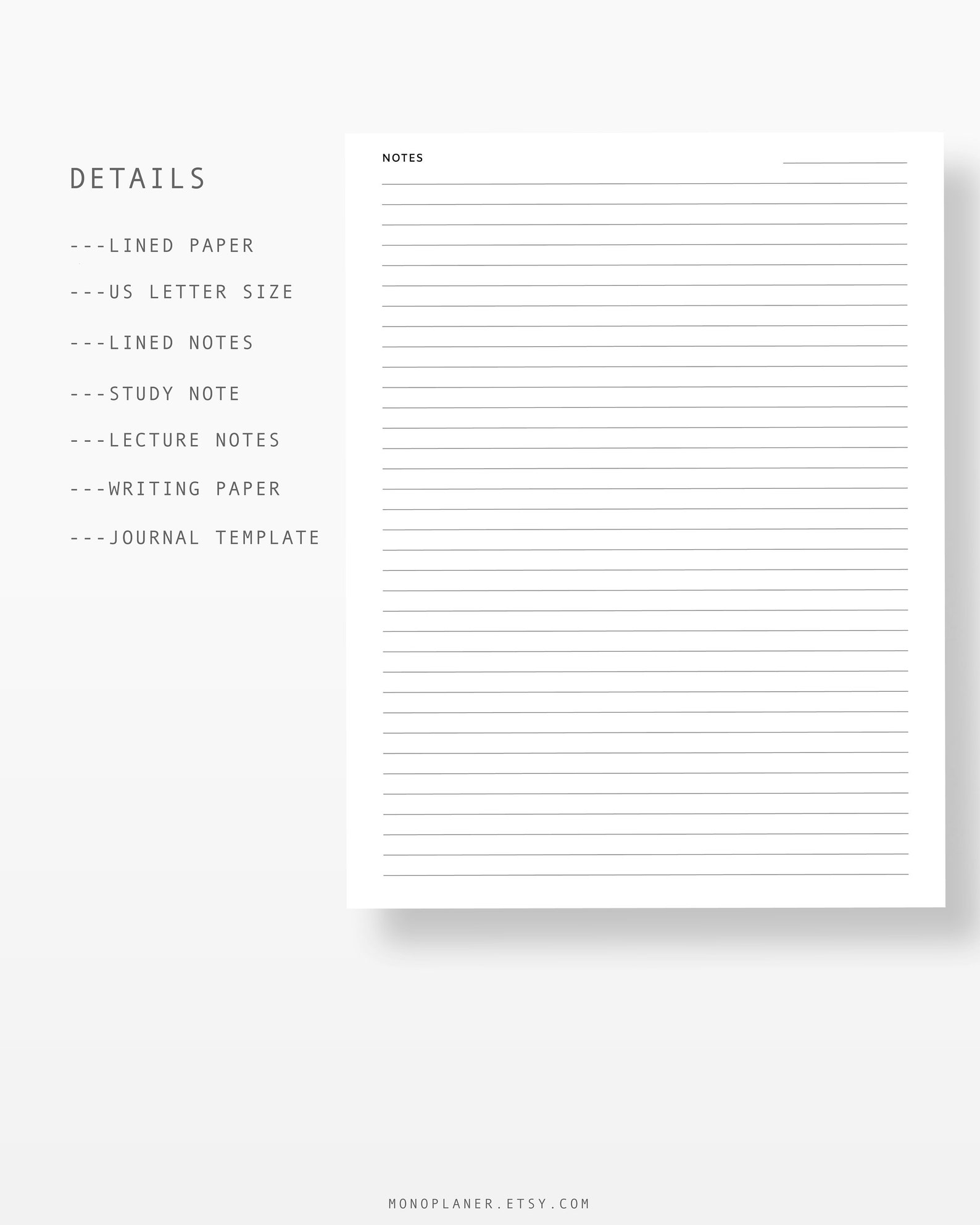 US Letter Lined Paper Study Notes Printable Letter Refillable Planner ...
