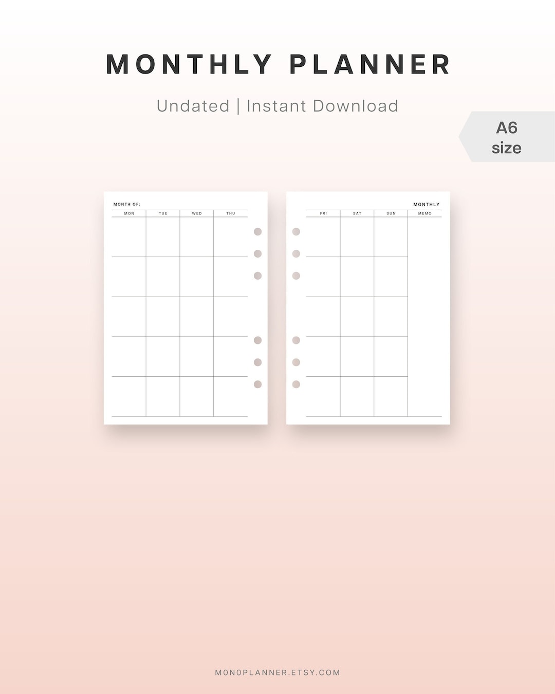 A6 Undated Printable Monthly Planner Month on Two Pages Monthly Agenda ...