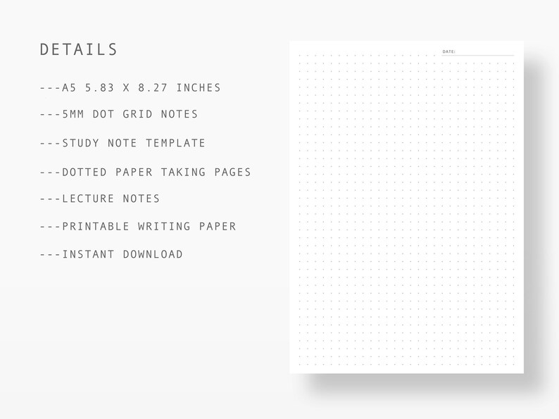 5mm Dot Grid Notes A5 Printable Planner PDF Study Dotted - Etsy