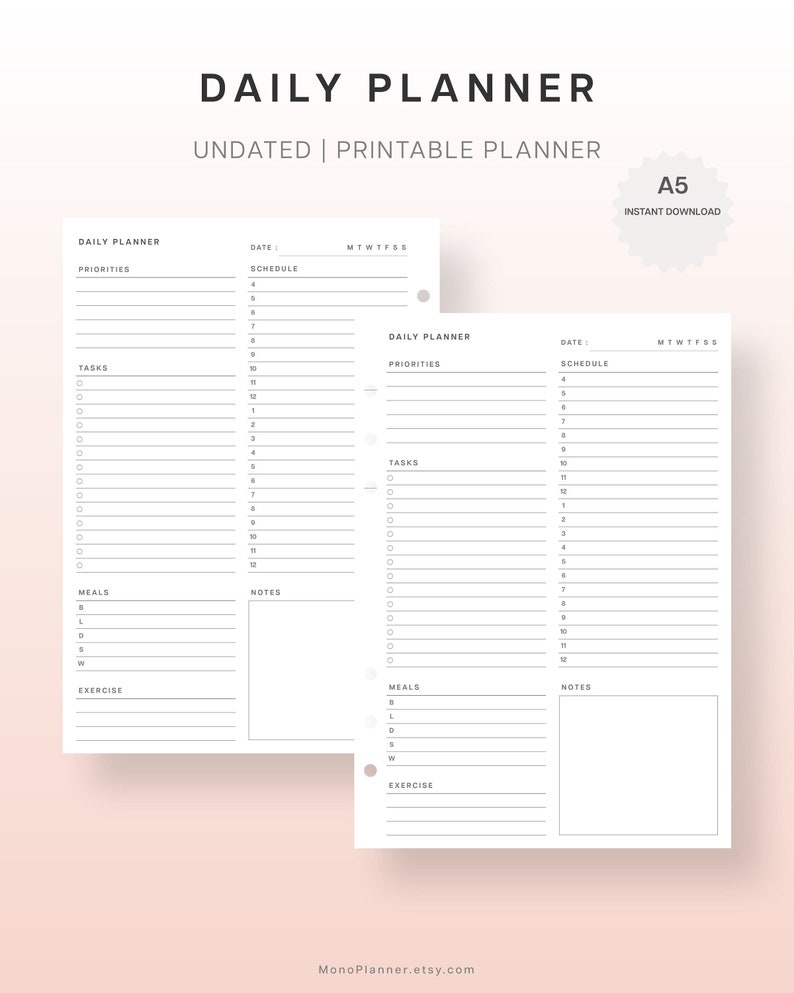 A5 Undated Daily Printable Planner, Productivity Planner PDF, Daily ...