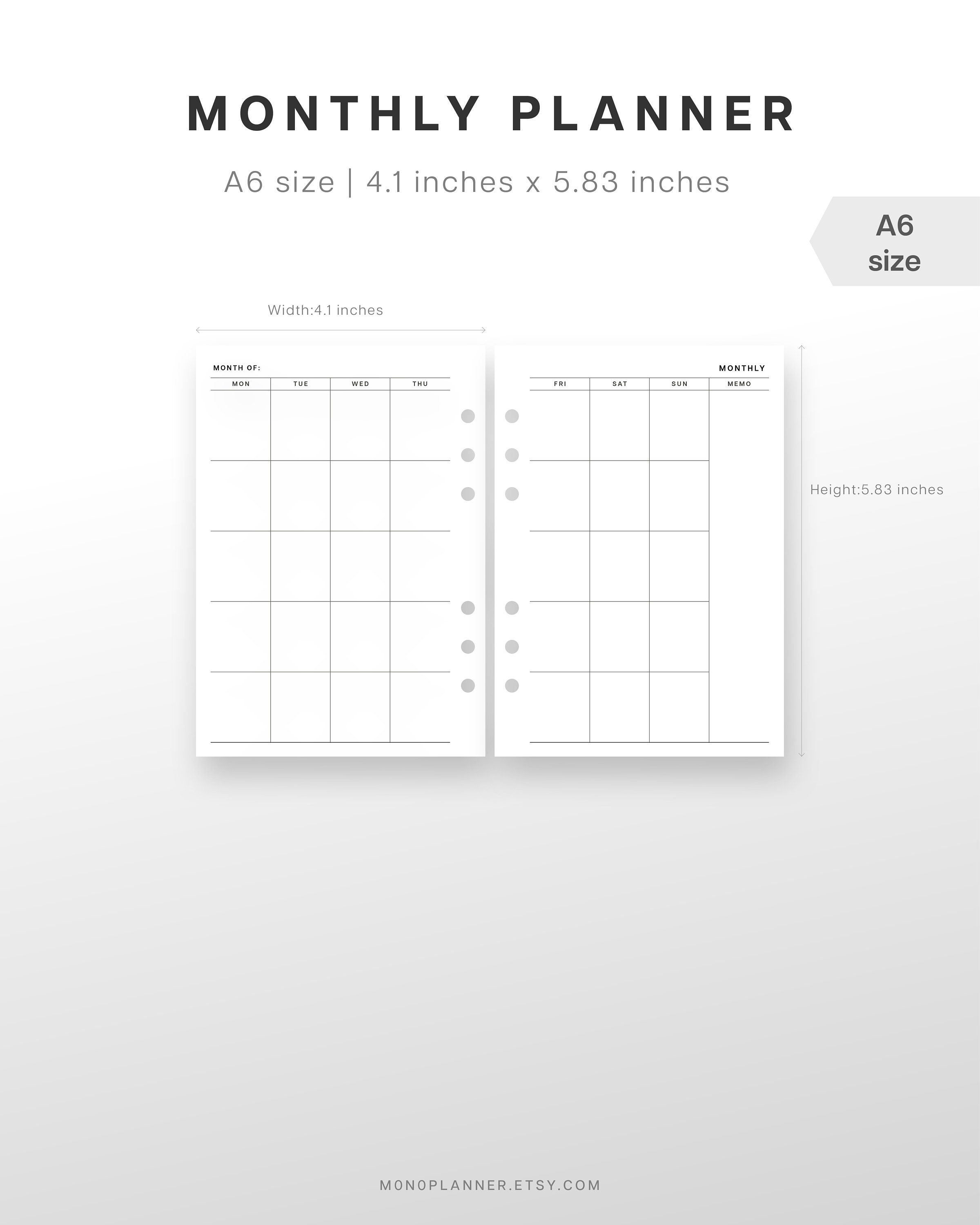 A6 Undated Printable Monthly Planner Month on Two Pages Monthly Agenda ...