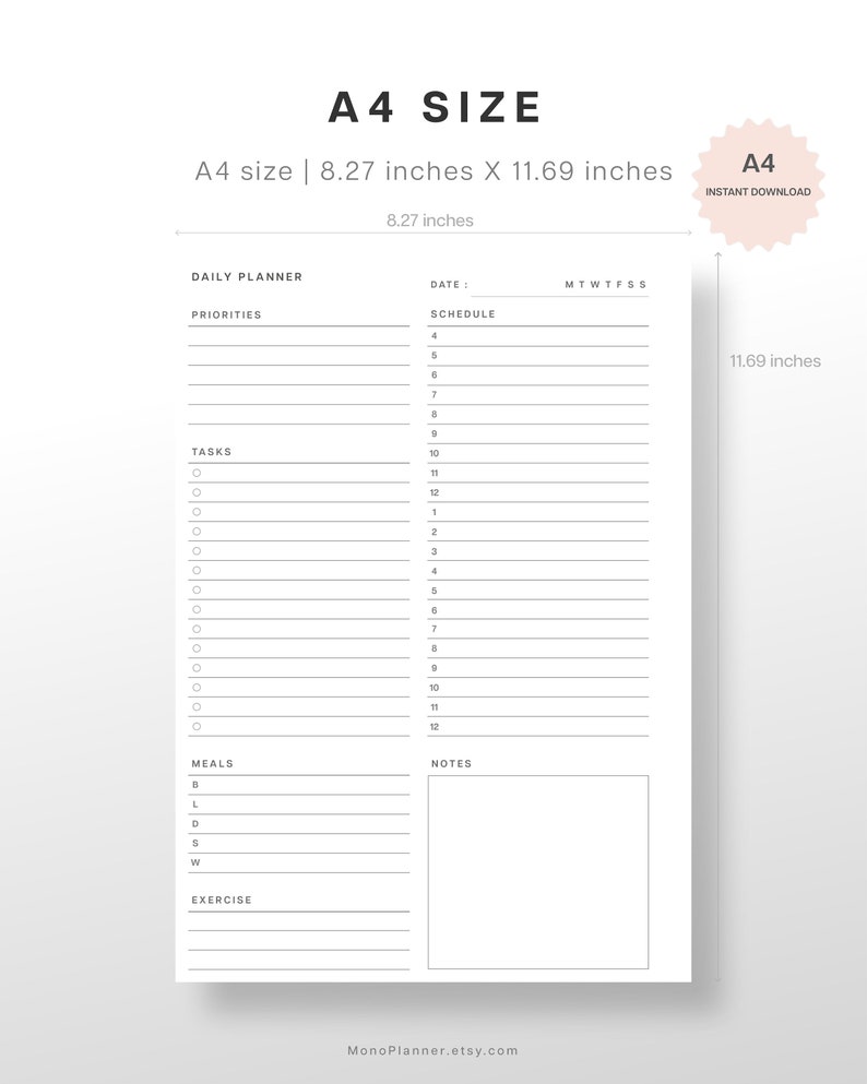 A4 Undated Daily Printable Planner, Productivity Planner PDF, Daily ...