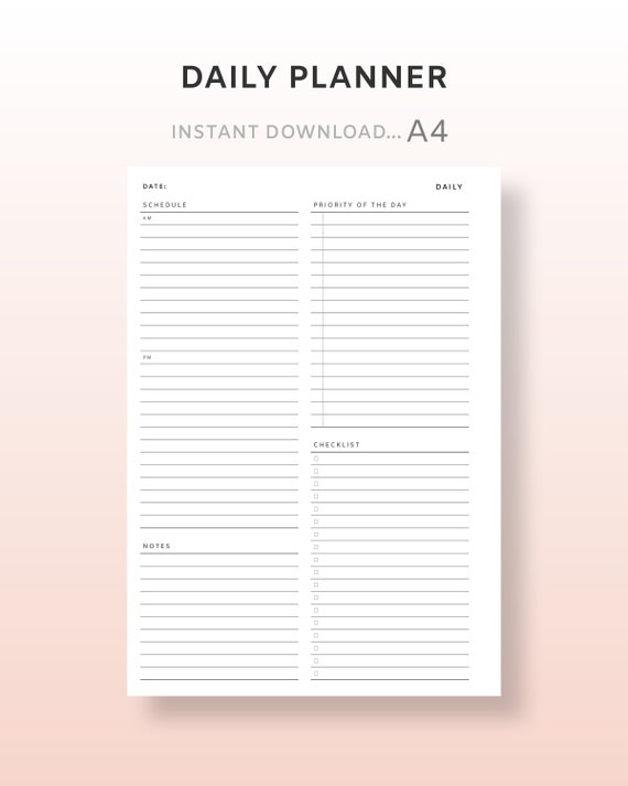A4 Daily Planner Printable PDF Undated AM PM Schedule Agenda - Etsy