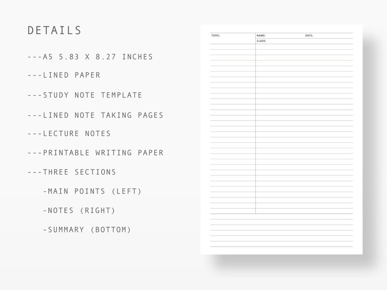 A5 Cornell Notes Printable Note PDF Inserts Study Cornell Notes Taking ...