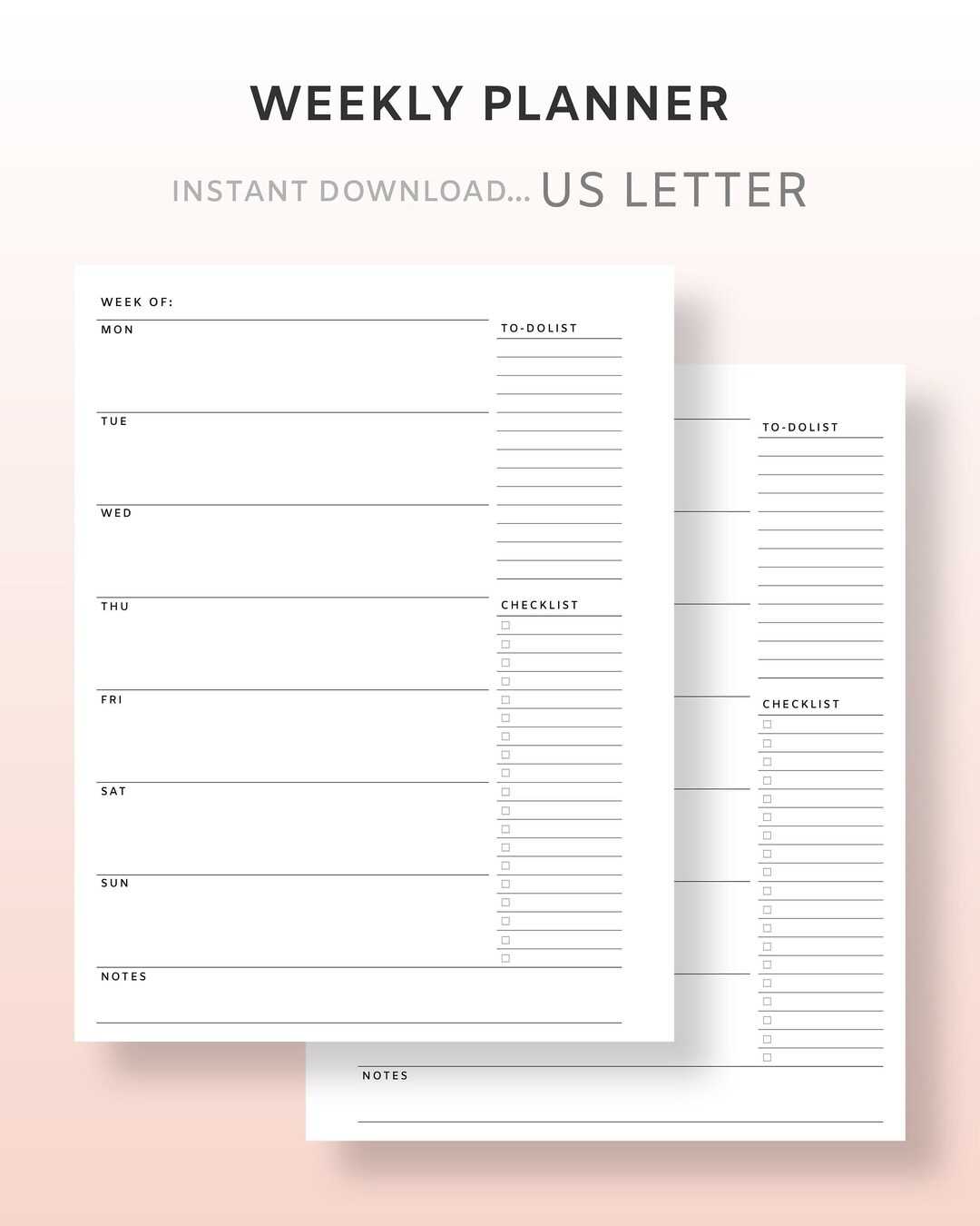 US Letter Weekly Undated Printable Planner Week on One Page - Etsy
