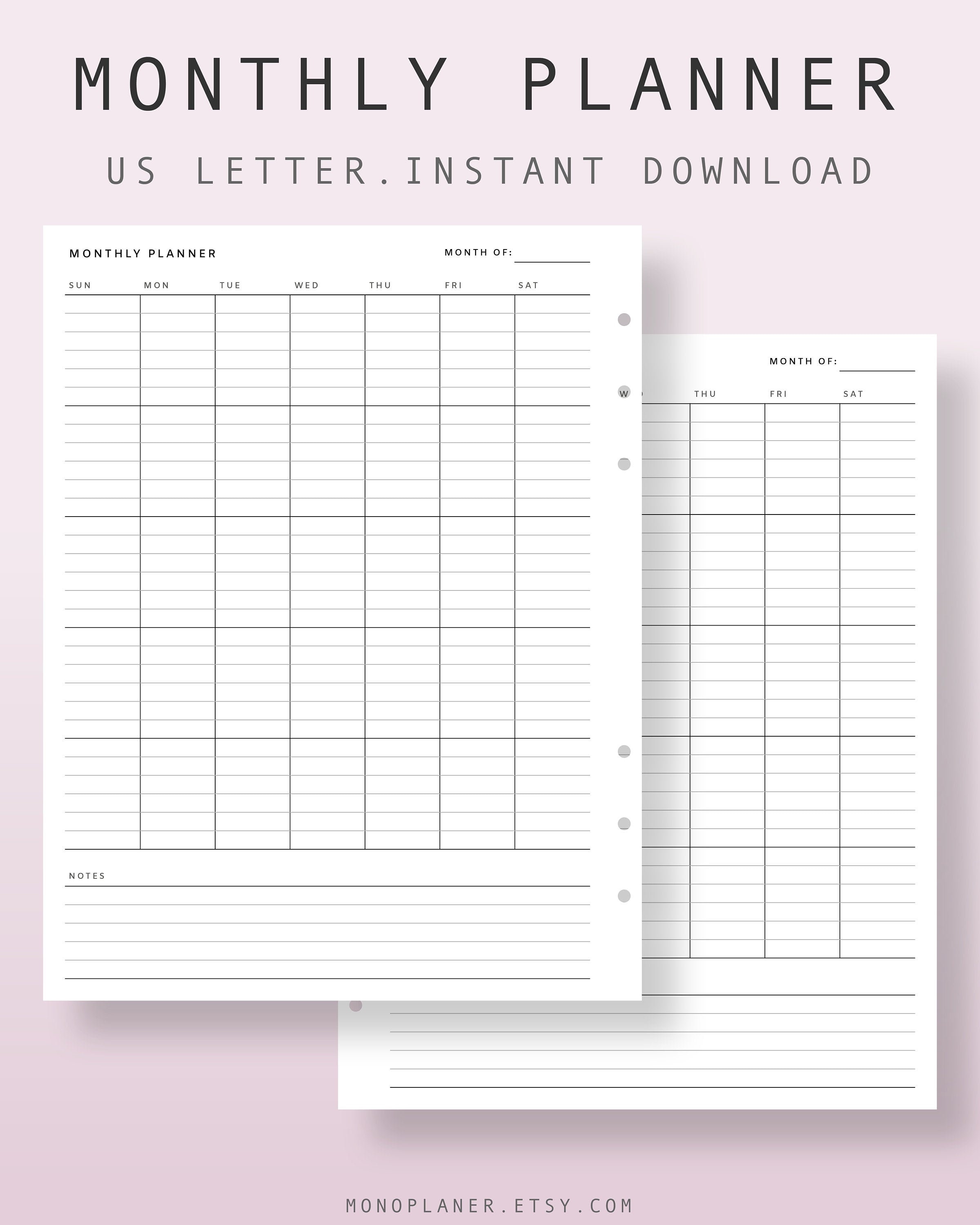 US Letter Monthly Planner Undated Printable PDF Month on | Etsy