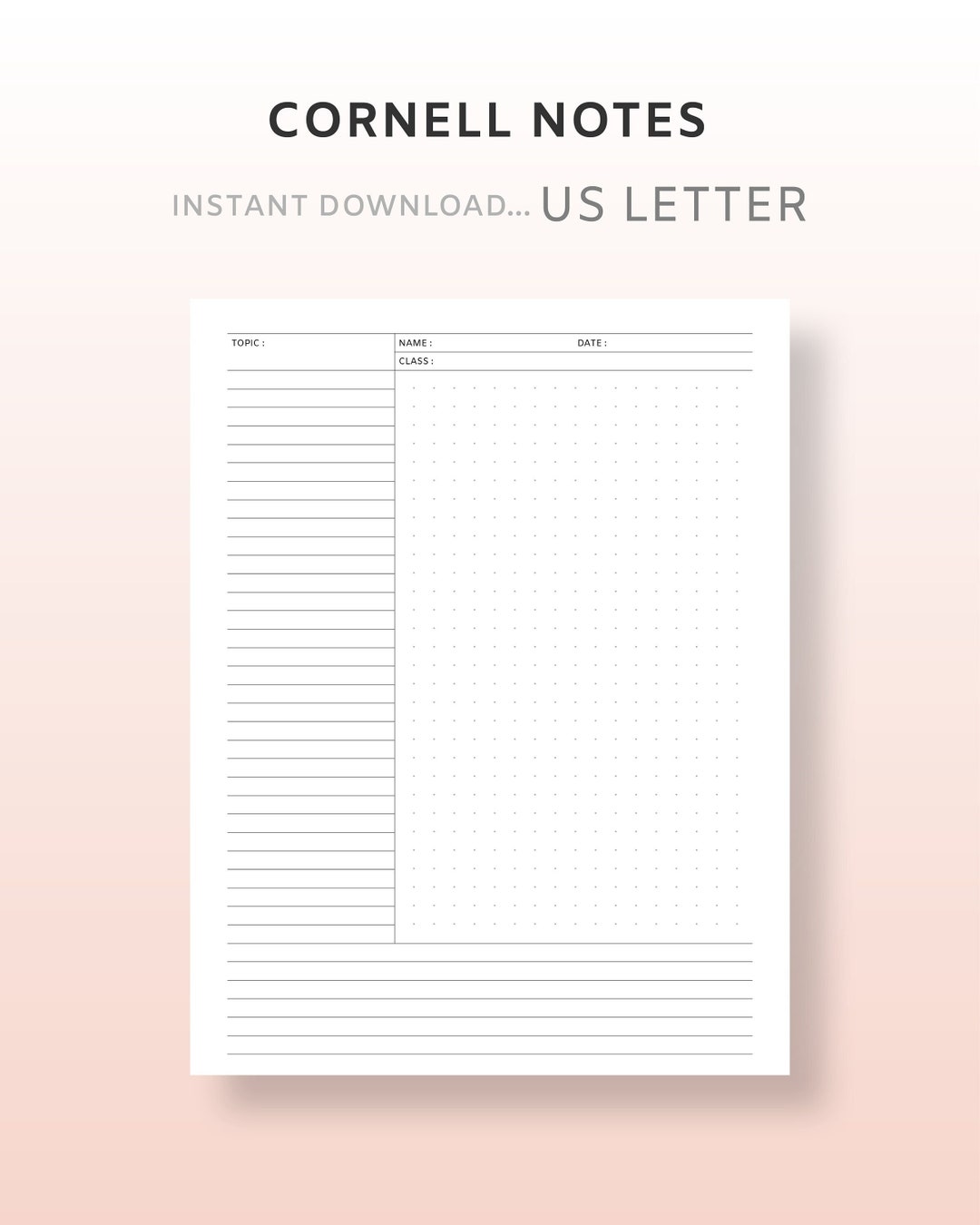 US Letter Cornell Notes Printable Pages Inserts Student - Etsy