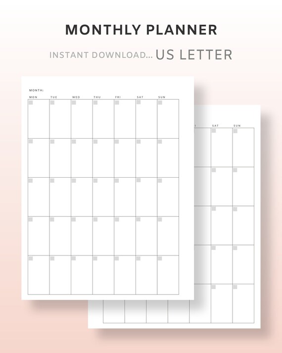 US Letter Undated Monthly Printable Planner Month on One | Etsy