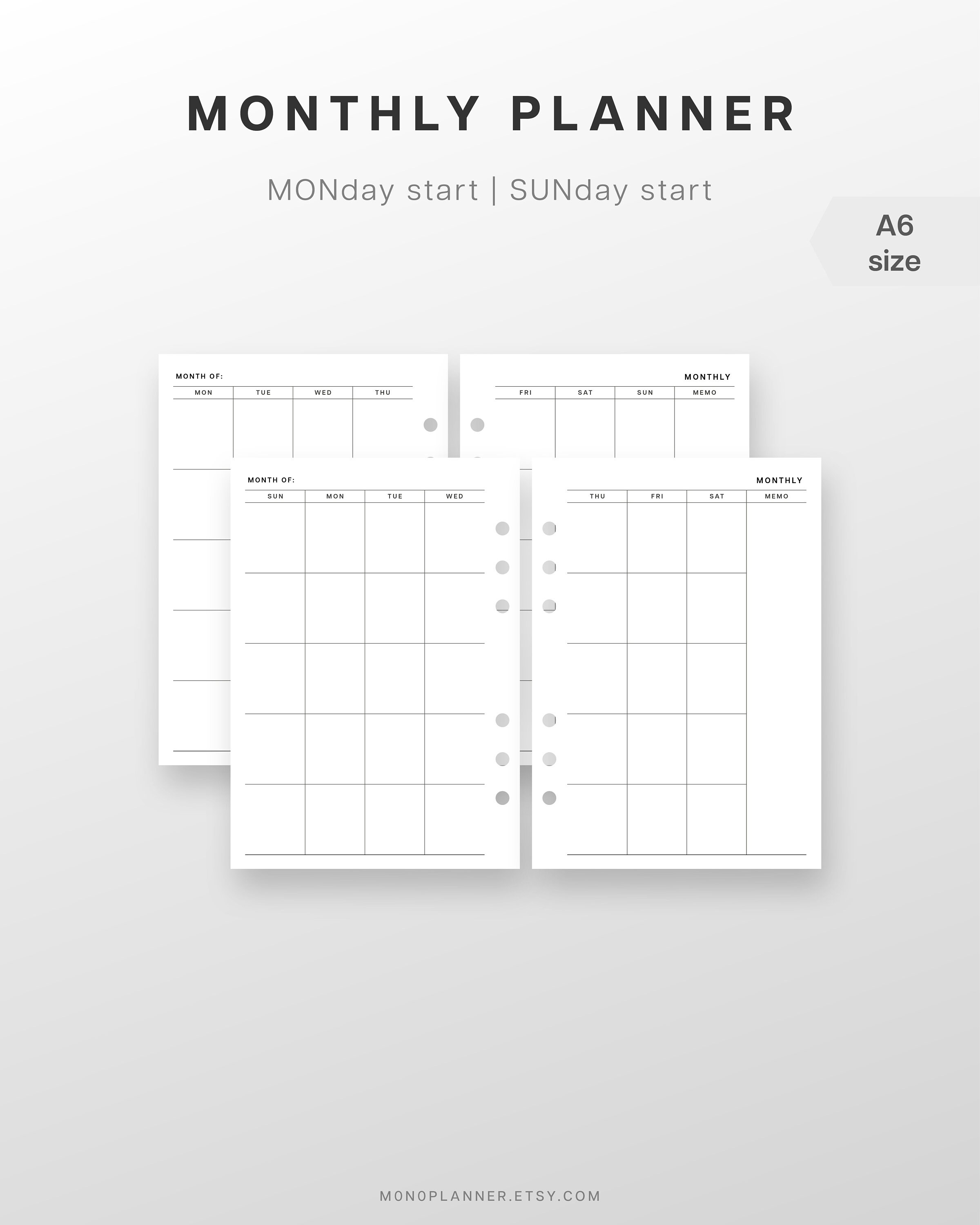 A6 Undated Printable Monthly Planner Month on Two Pages Monthly Agenda ...