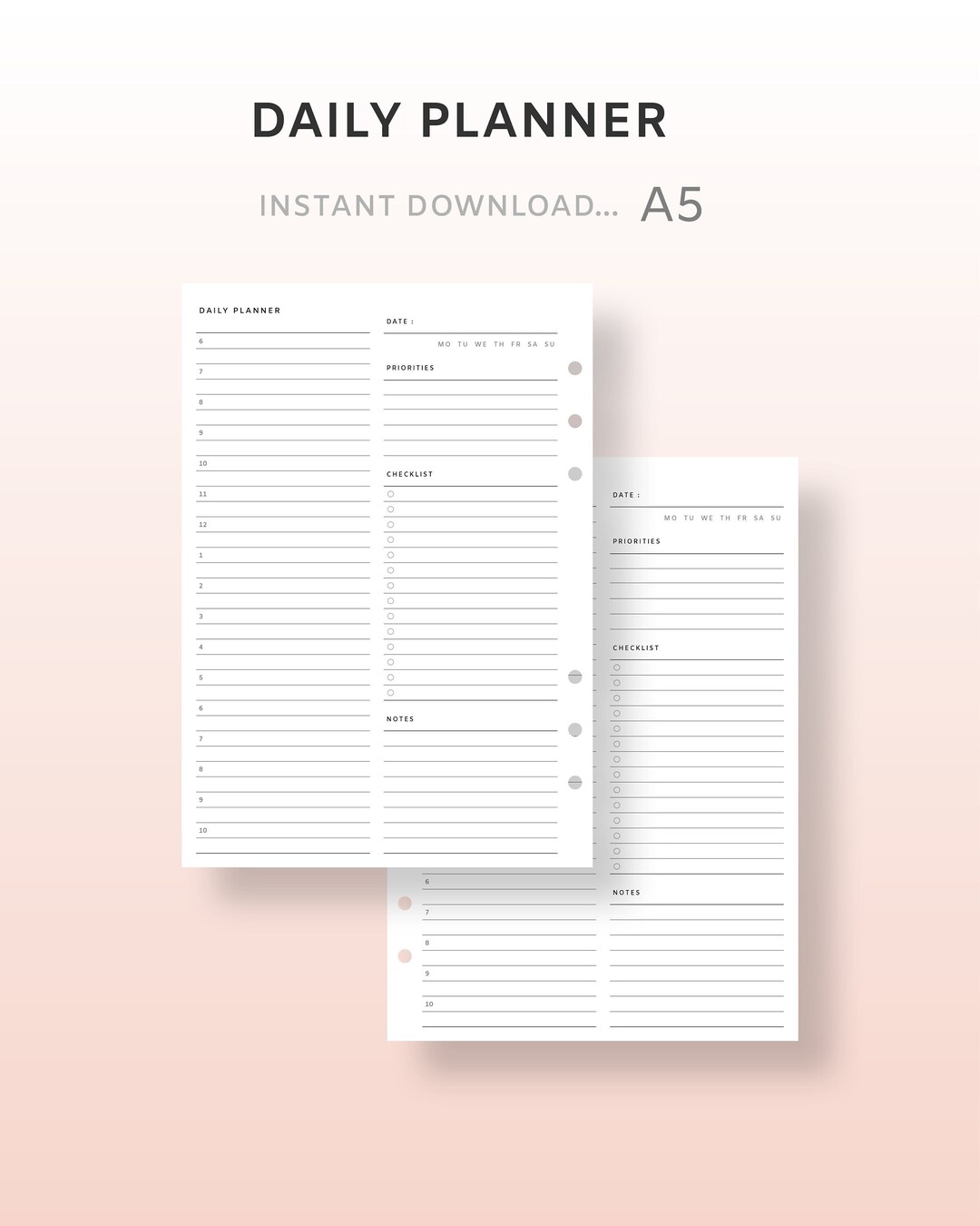 A5 Daily Planner Printable | Undated Daily Planner PDF Inserts | Hourly ...