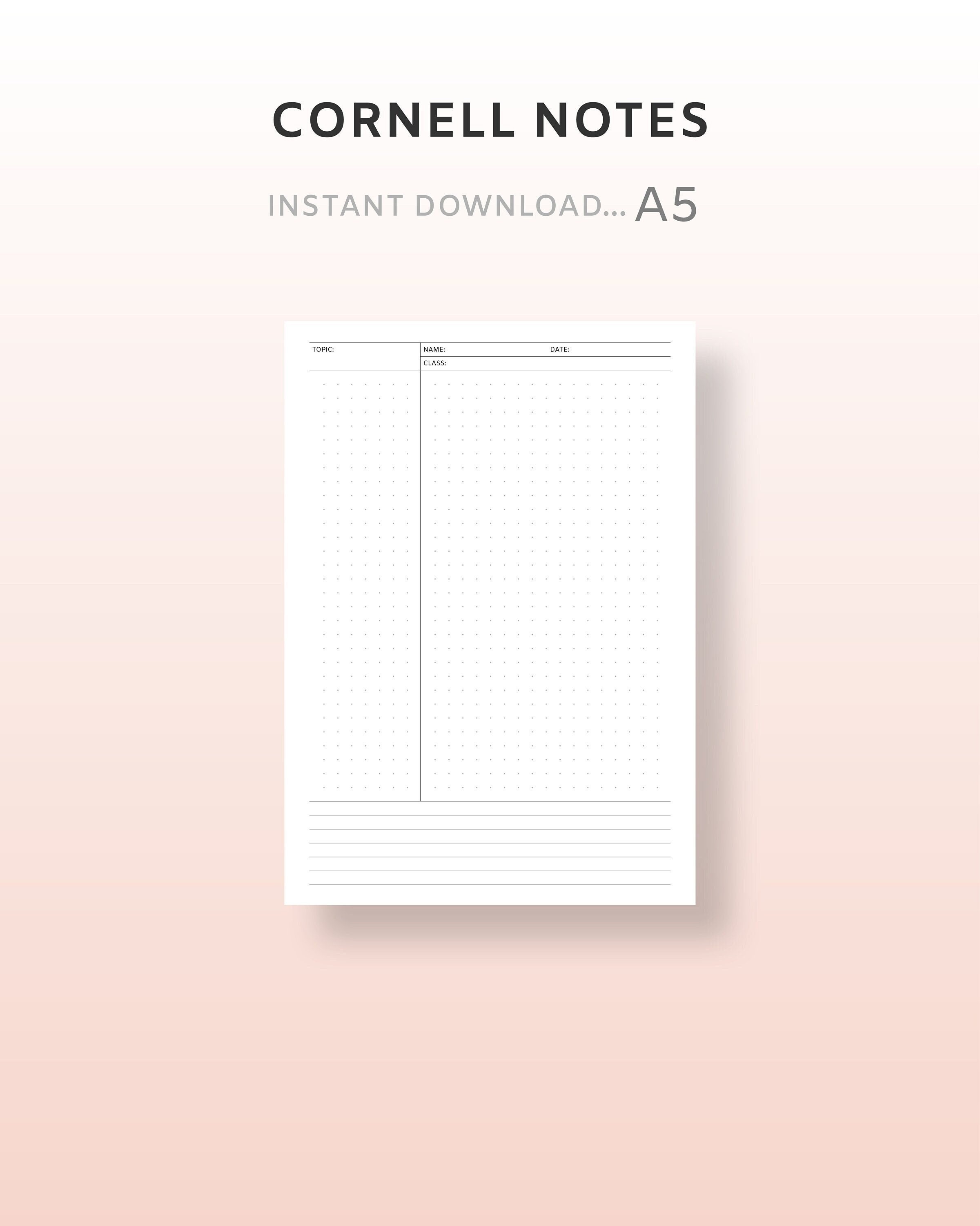 A5 Cornell Notes with 5mm Dot grid Lined Inserts / Student Cornell ...