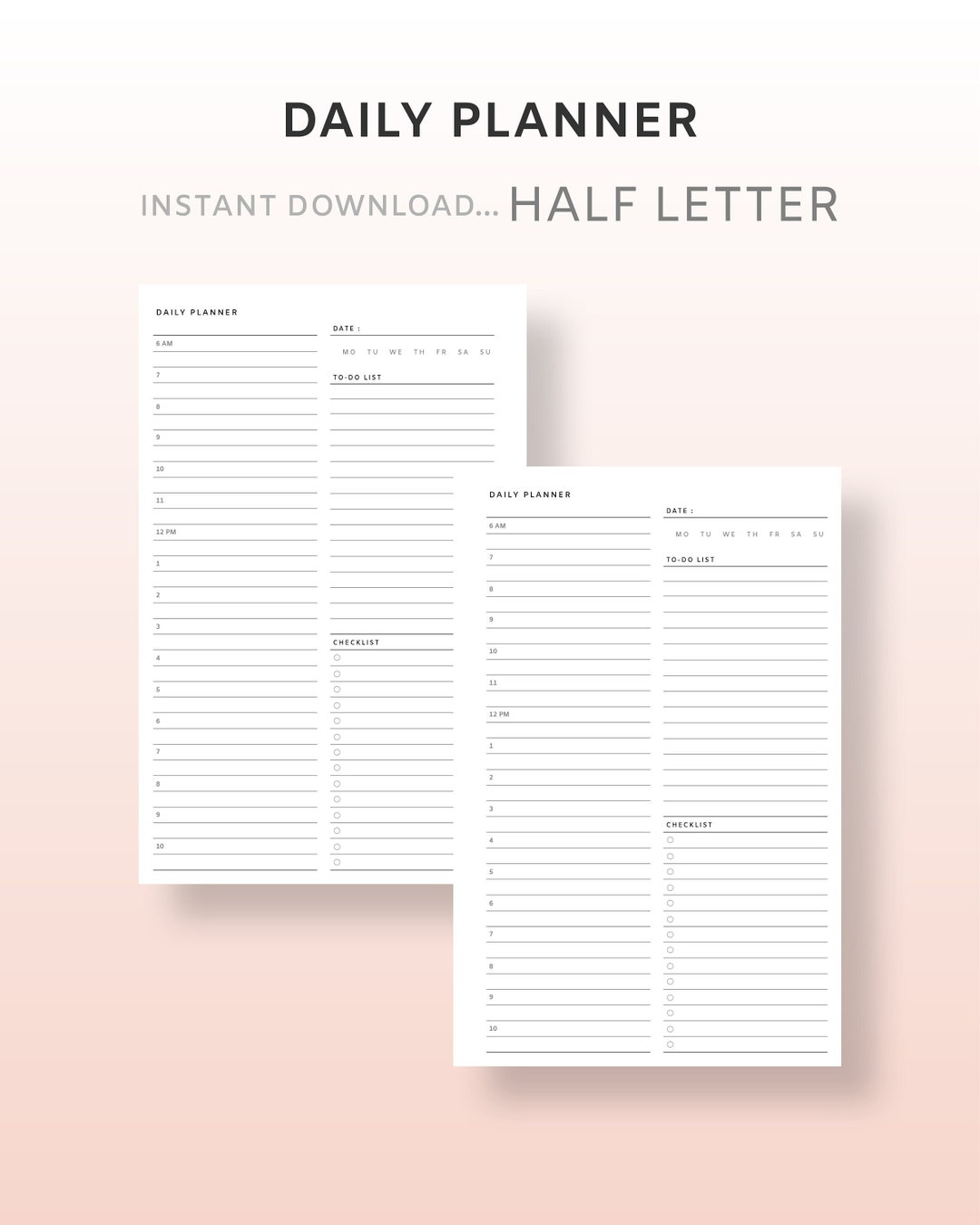 Half Letter Undated Daily Printable Planner Simple Daily Planner Hourly ...