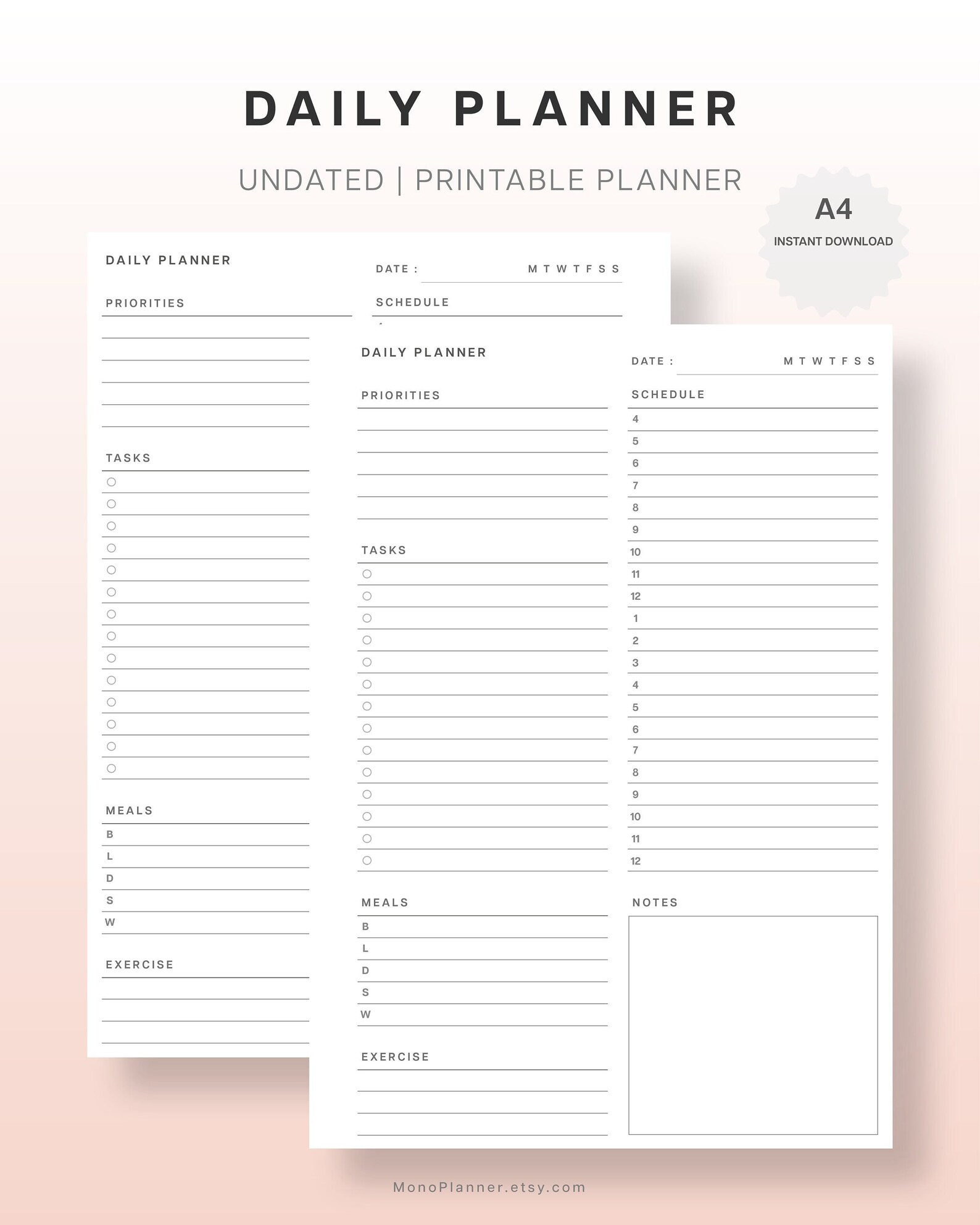 A4 Undated Daily Printable Planner, Productivity Planner PDF, Daily ...