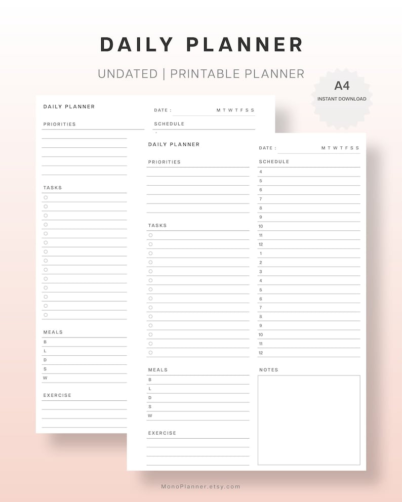 A4 Undated Daily Printable Planner, Productivity Planner PDF, Daily ...
