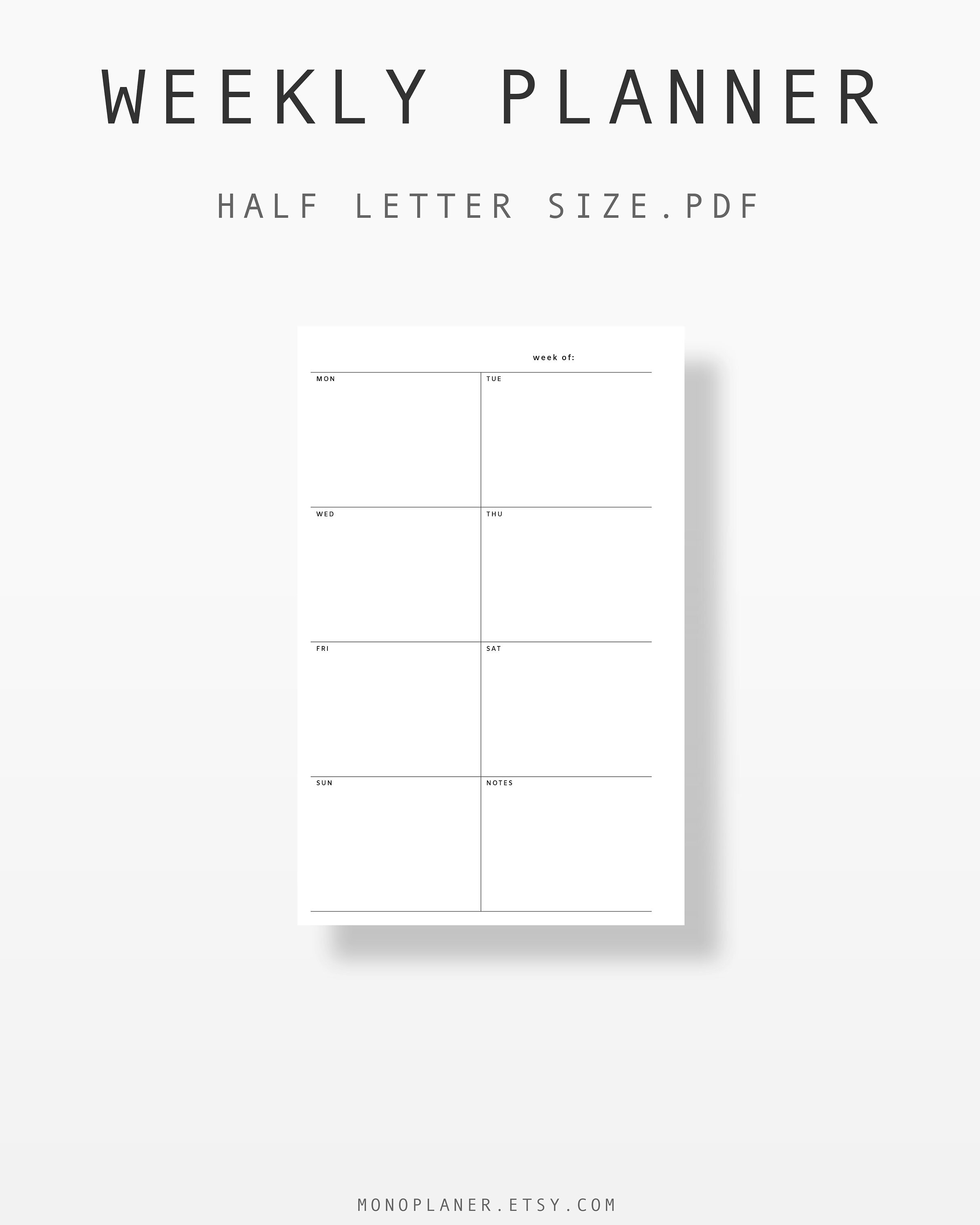 Half Letter Weekly Printable Planner Undated Planner PDF | Etsy