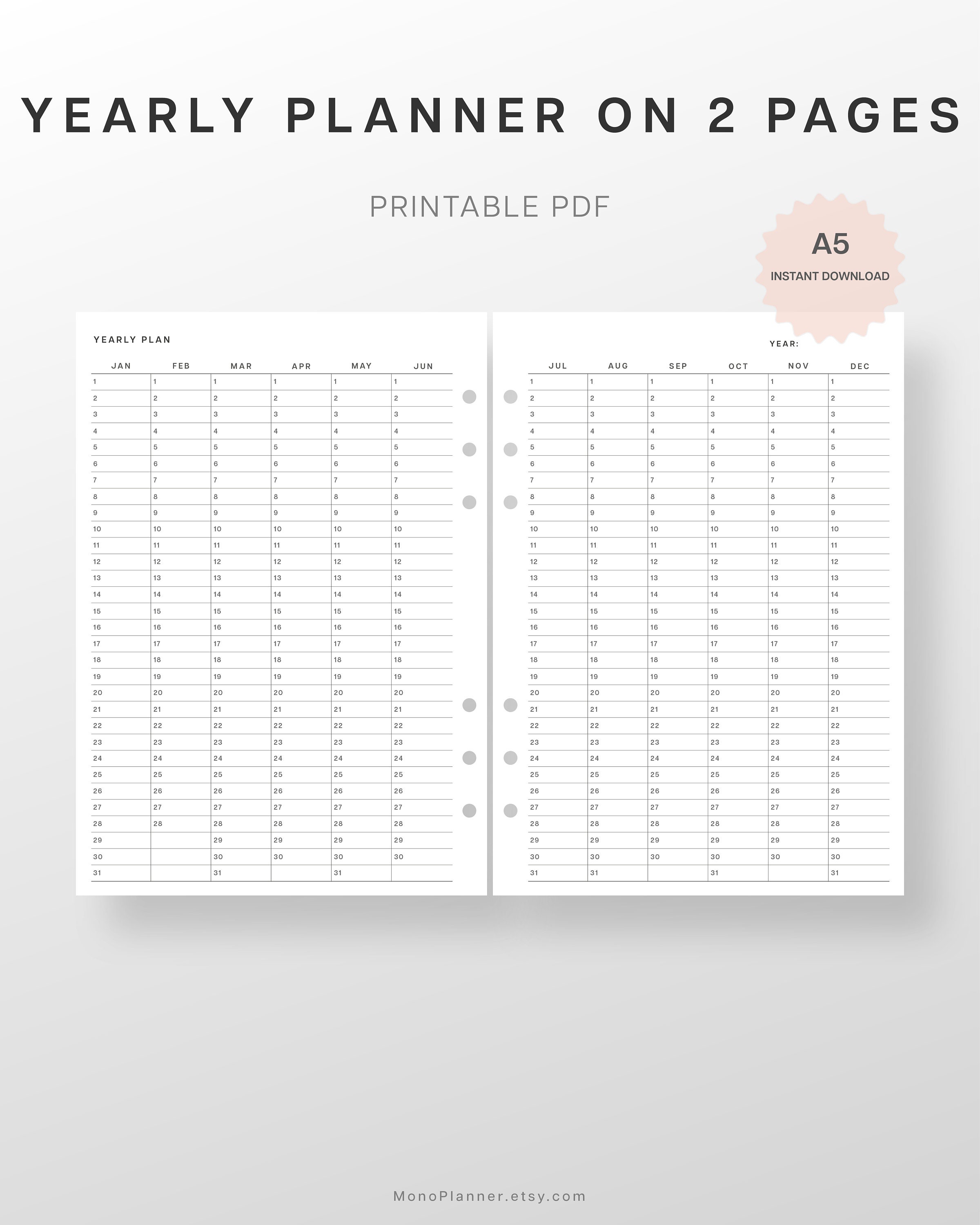 A5 Yearly Printable Planner Inserts Year at a Glance Yearly Planner on ...