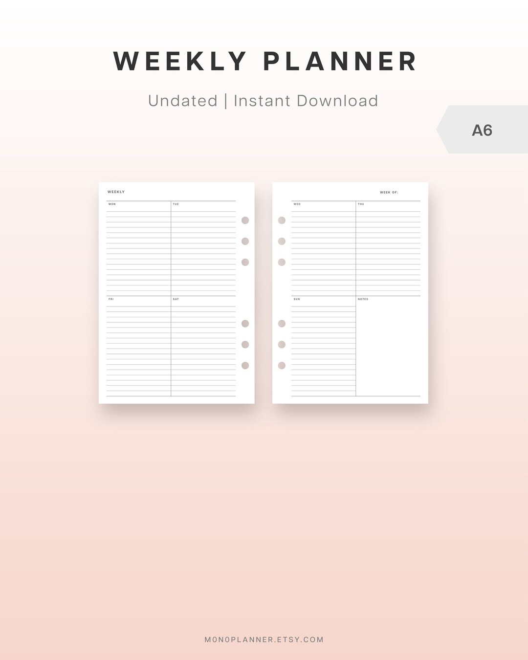 A6 Undated Weekly Printable Planner Week on Two Pages Simple Weekly ...