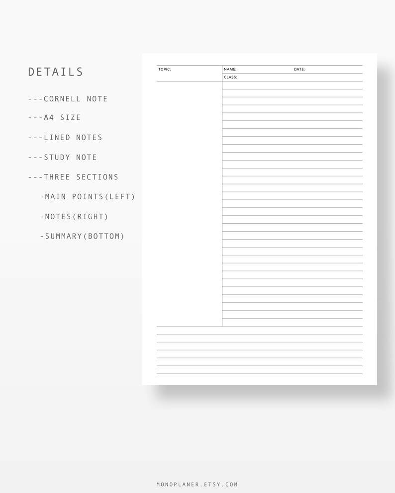 A4 Cornell Note Printable PDF Inserts | Student Cornell Notes Taking ...