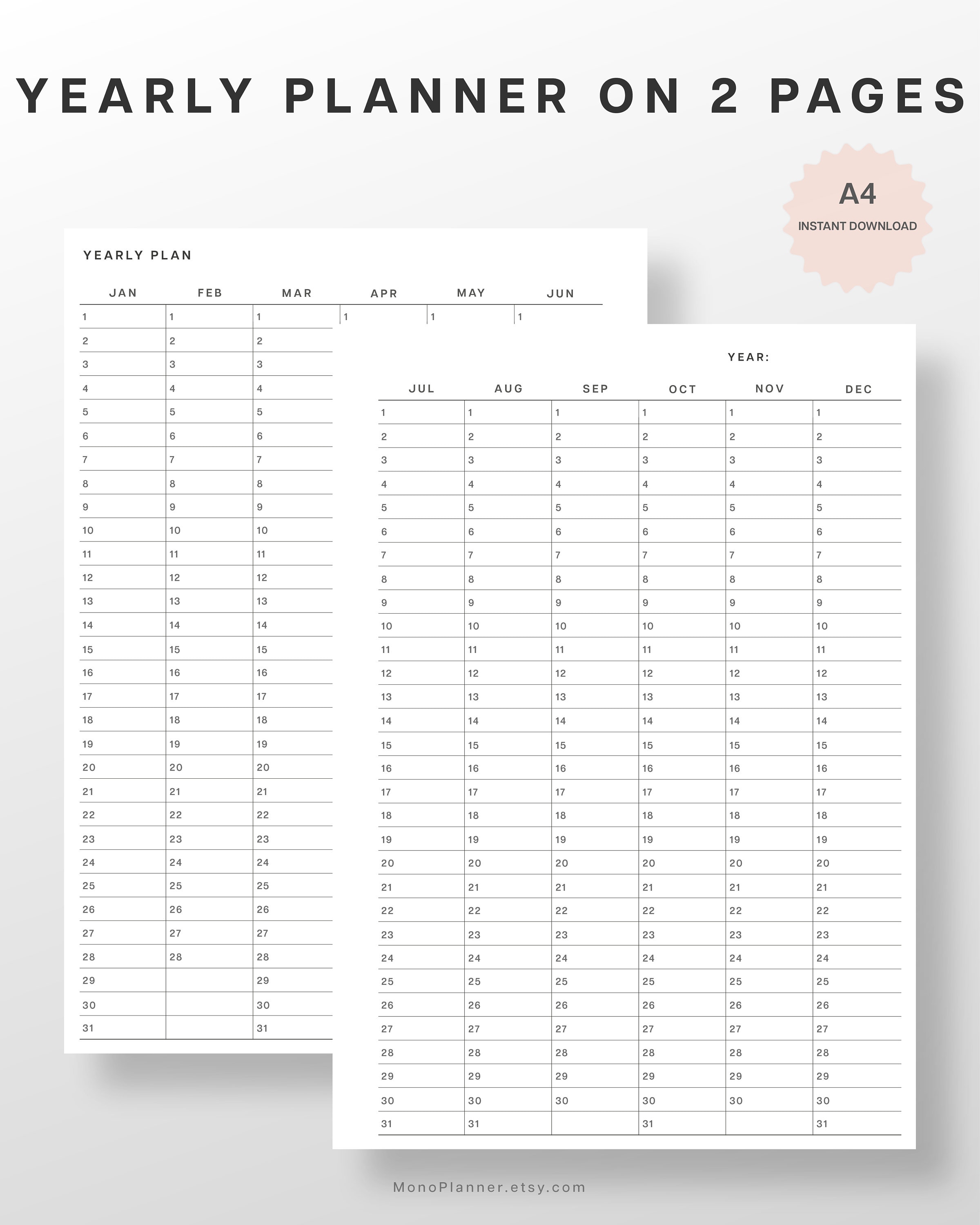 A4 Yearly Printable Planner Inserts Year at a Glance Yearly Planner on ...