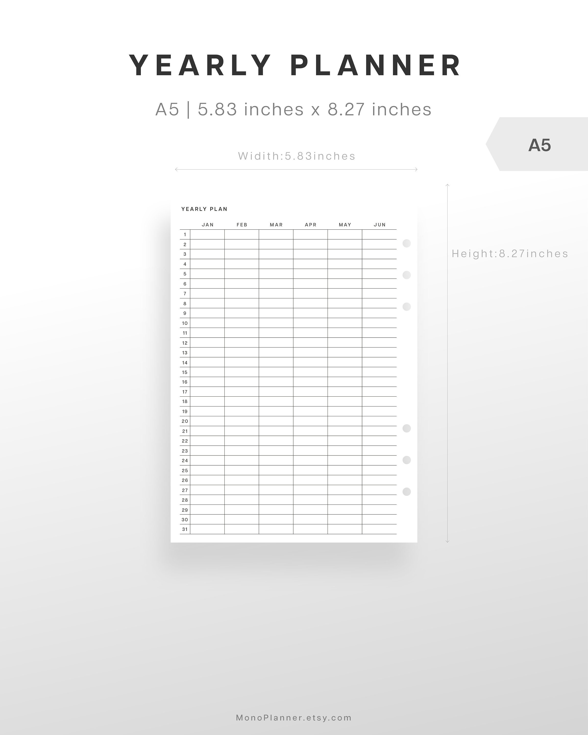 A5 Yearly Printable Planner Inserts Year at a Glance Yearly Planner on ...