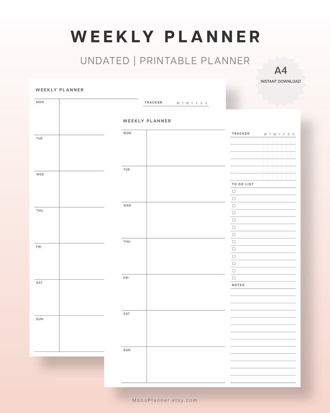 A4 Undated Printable Weekly Planner, Week on One Page PDF Templates ...