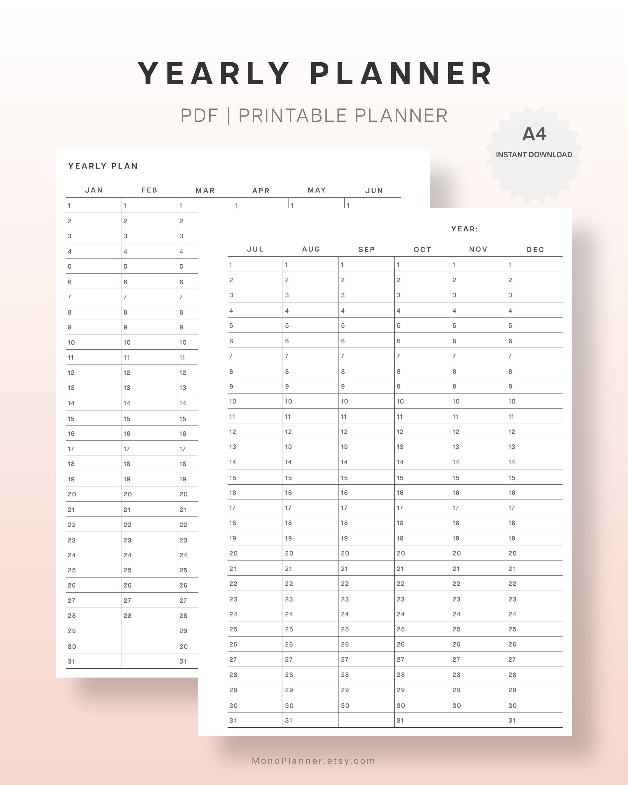 A4 Yearly Printable Planner Inserts Year at a Glance Yearly Planner on ...