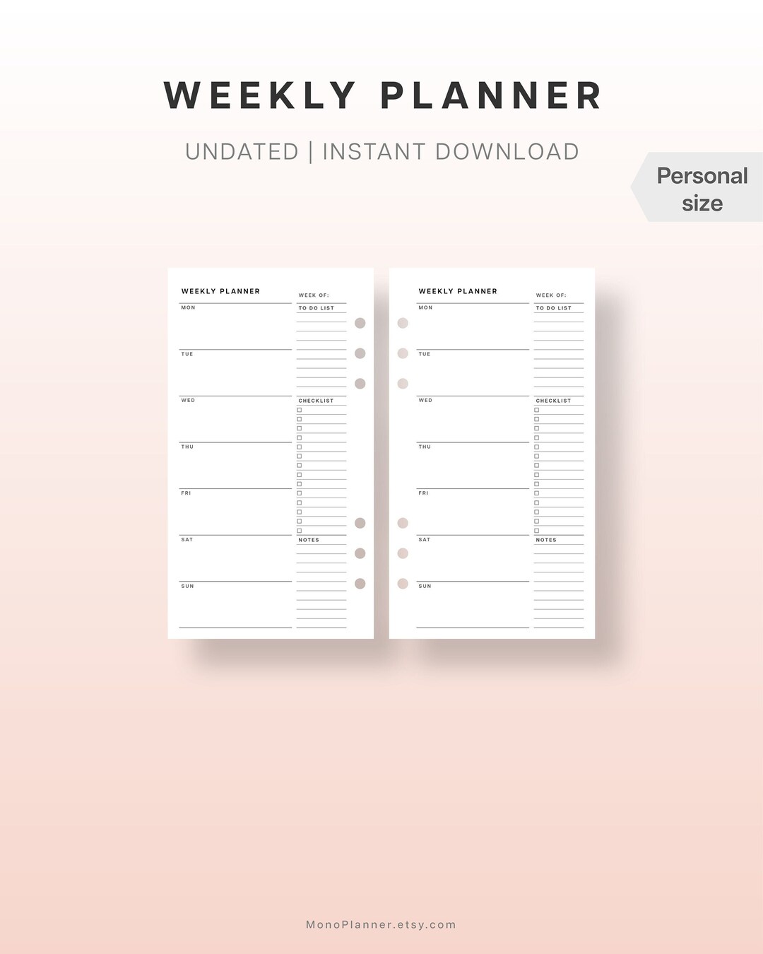 Personal Undated Weekly Printable Planner, Week on One Page Weekly ...
