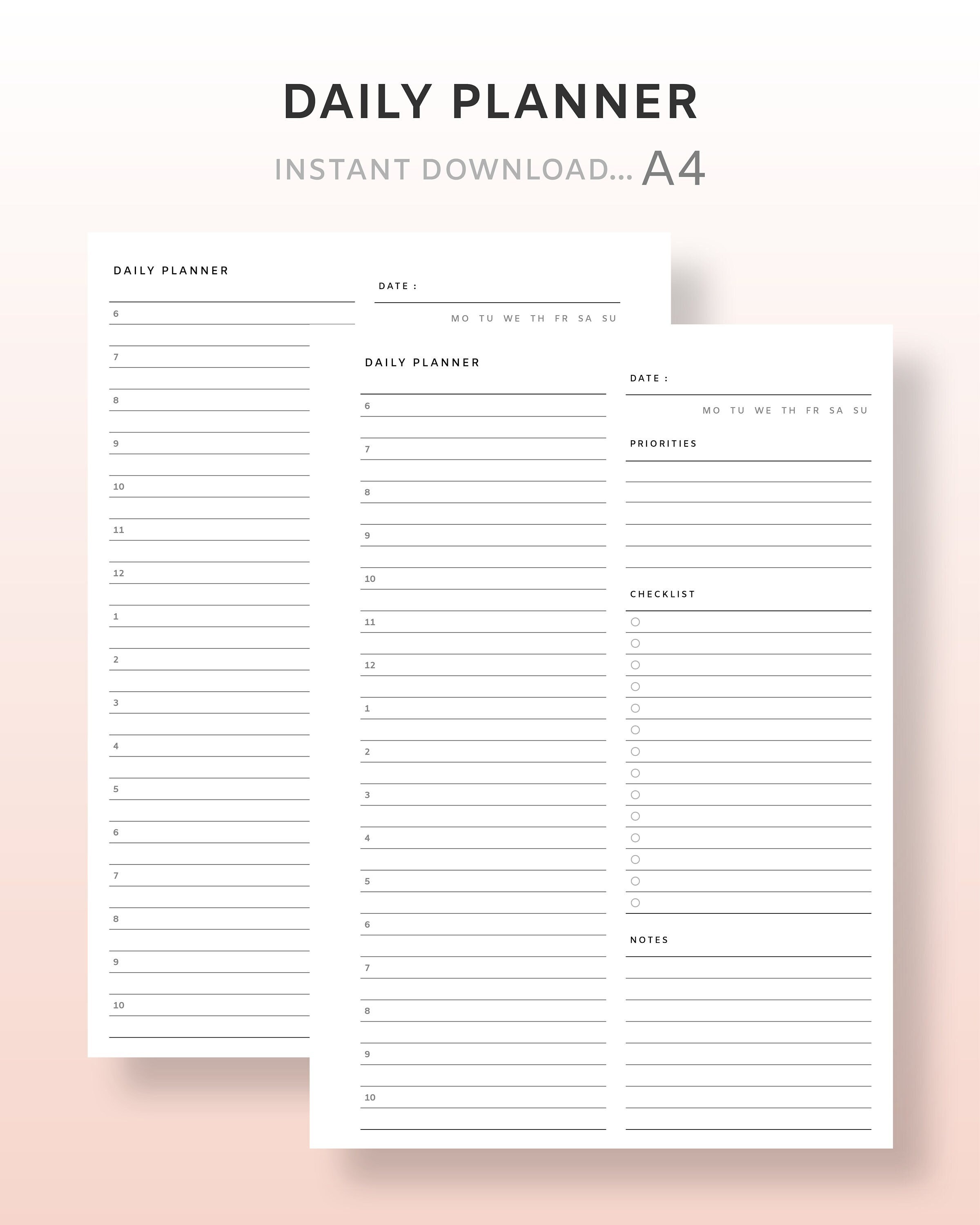 A4 Daily Planner Printable Undated Daily Planner PDF Inserts Hourly ...