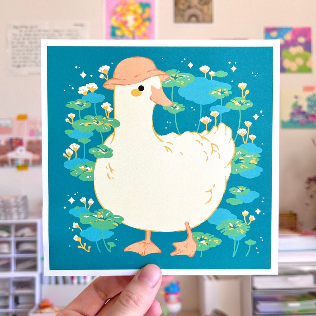Duck in Bucket Hat Art Print - Teal Whimsical Wall Decor - Etsy