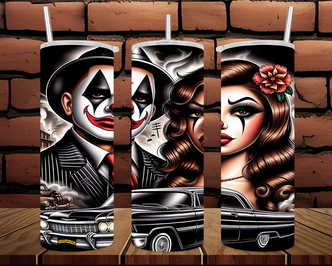 20 Oz Skinny Tumbler Wrap • Gangster Girl and Guy Clowns • Digital Art ...