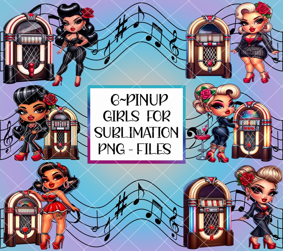6-cute Chibi Pin-up Girls Png Files for Sublimation on T-shirts/ Mugs ...