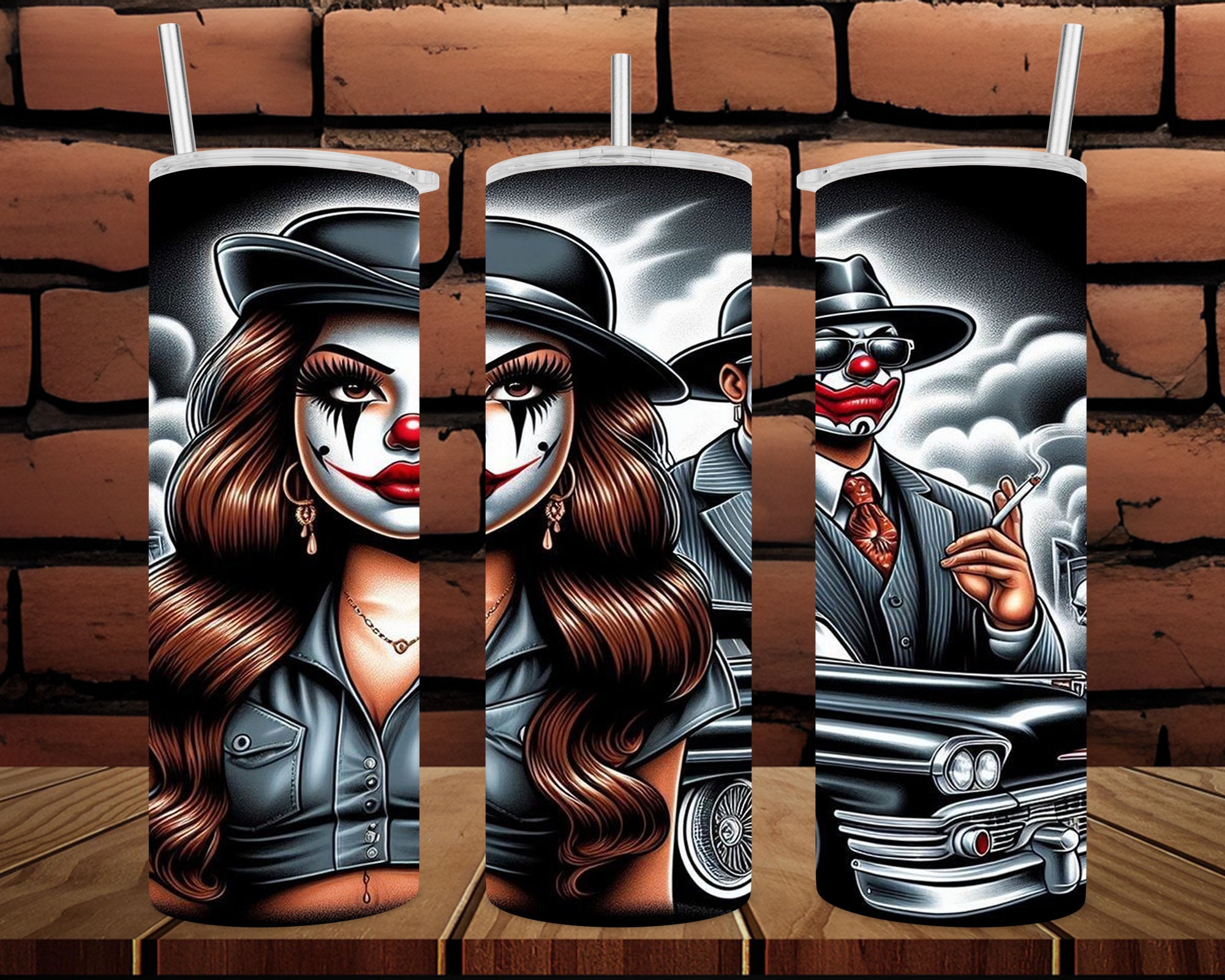 20 Oz Skinny Tumbler Wrap • Gangster Guy & Girl Clowns • Digital Art ...