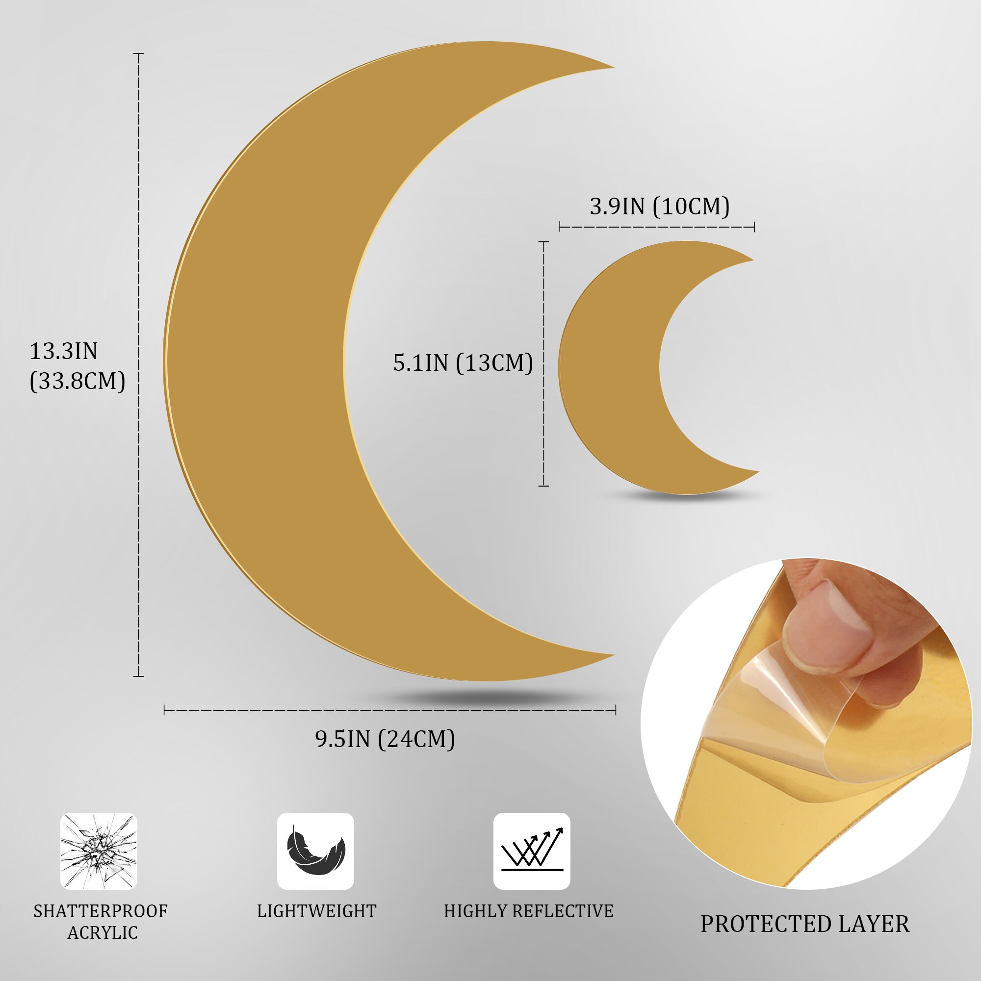 Crescent Acrylic Moon Mirrors set of 2 Easy to Hang | Etsy