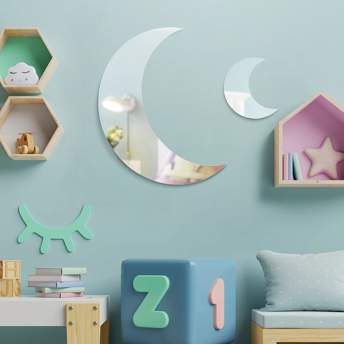 Crescent Acrylic Moon Mirrors set of 2 Easy to Hang | Etsy