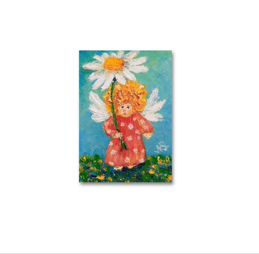 Baby Angel Painting Daisy Oil Painting Aceo Original Art - Etsy