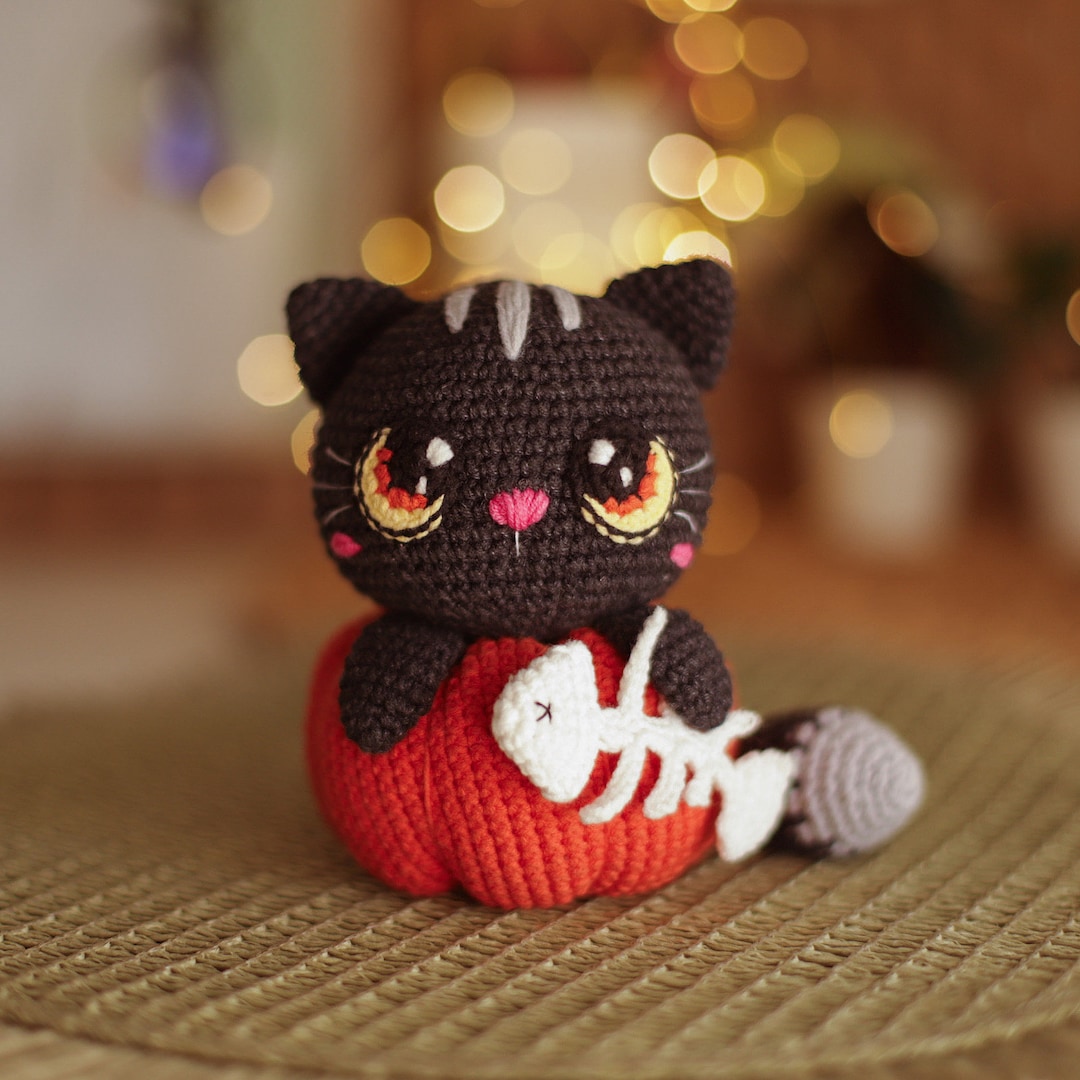 Black Cat in Pumpkin Crochet Toy Cute Halloween - Etsy
