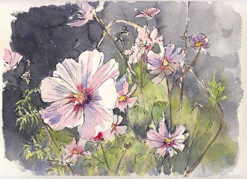 Original Aquarell Gemälde pinke Sommer Blumenwiese, Unikat, 23 x 31 cm - Etsy.de