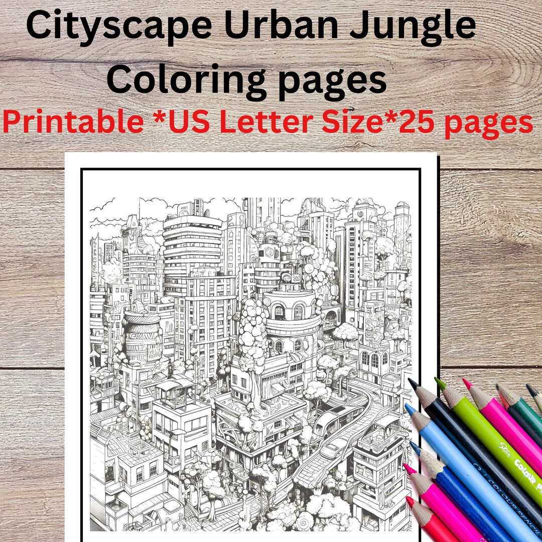 Cityscape Urban Jungle Coloring Pages | for Kids and Adults | Digital ...